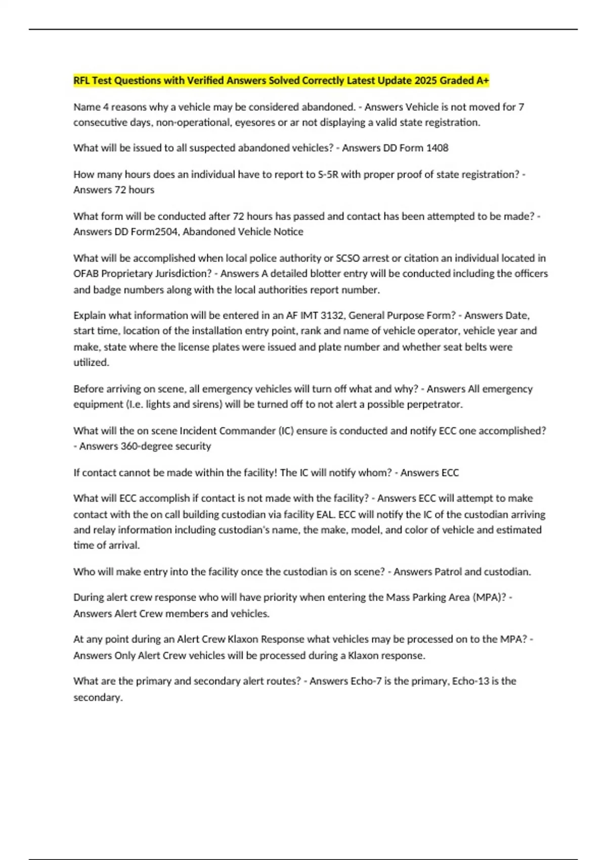 RFL Test Questions with Verified Answers Solved Correctly Latest Update ...