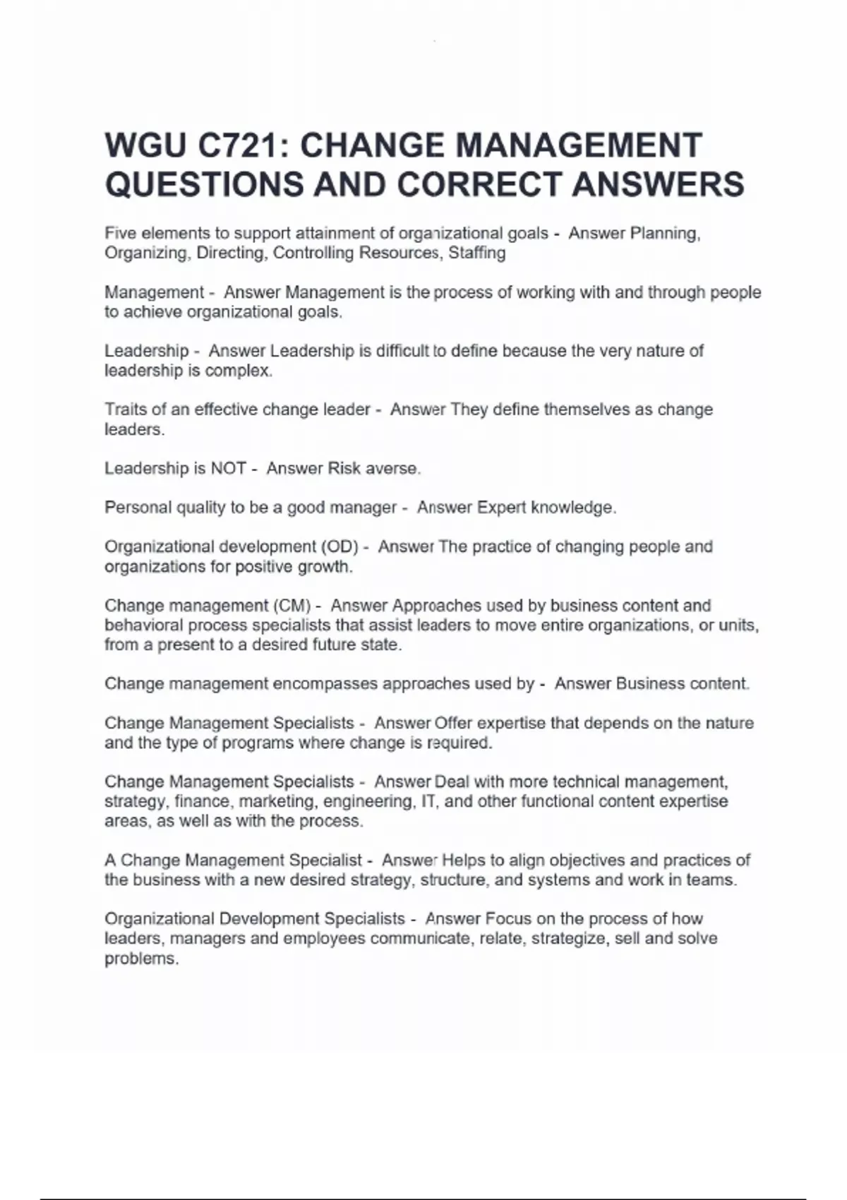 WGU C721: CHANGE MANAGEMENT QUESTIONS AND CORRECT ANSWERS - WGU C721 ...