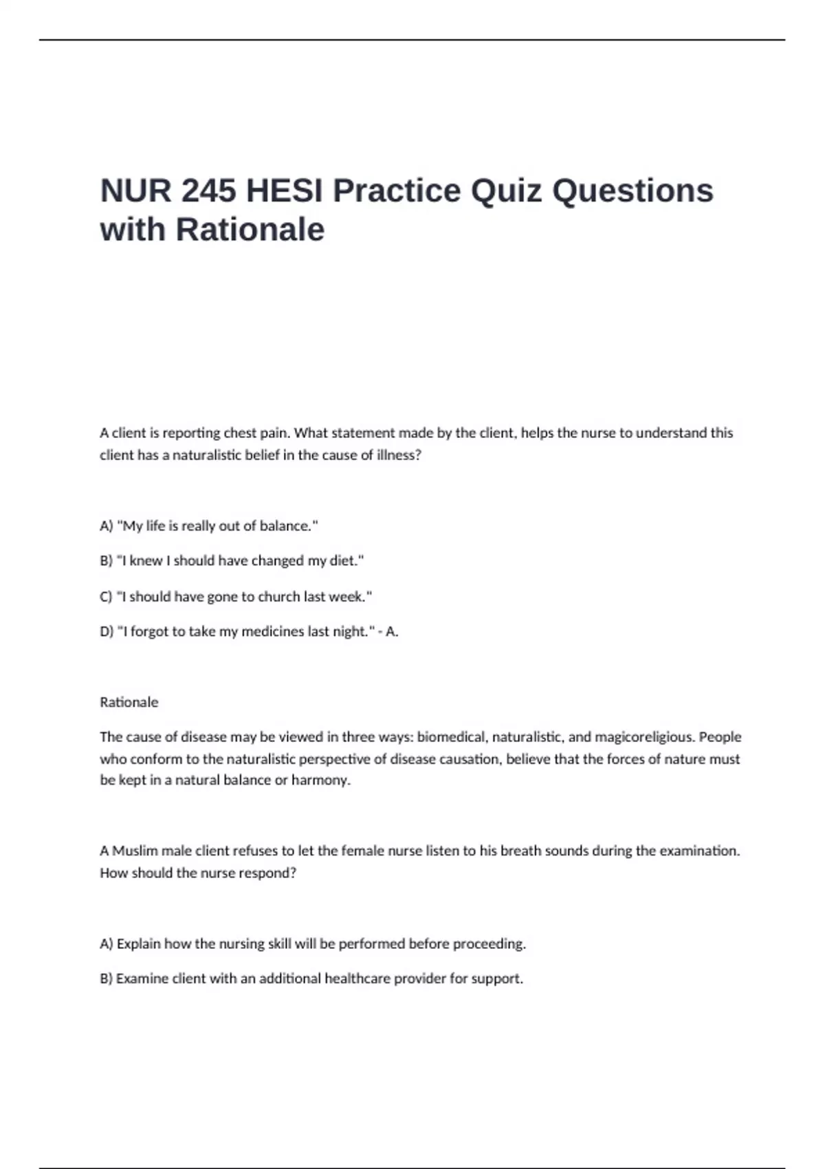 NUR 245 HESI Practice Quiz Questions with Rationale - NURS 245 - Stuvia US