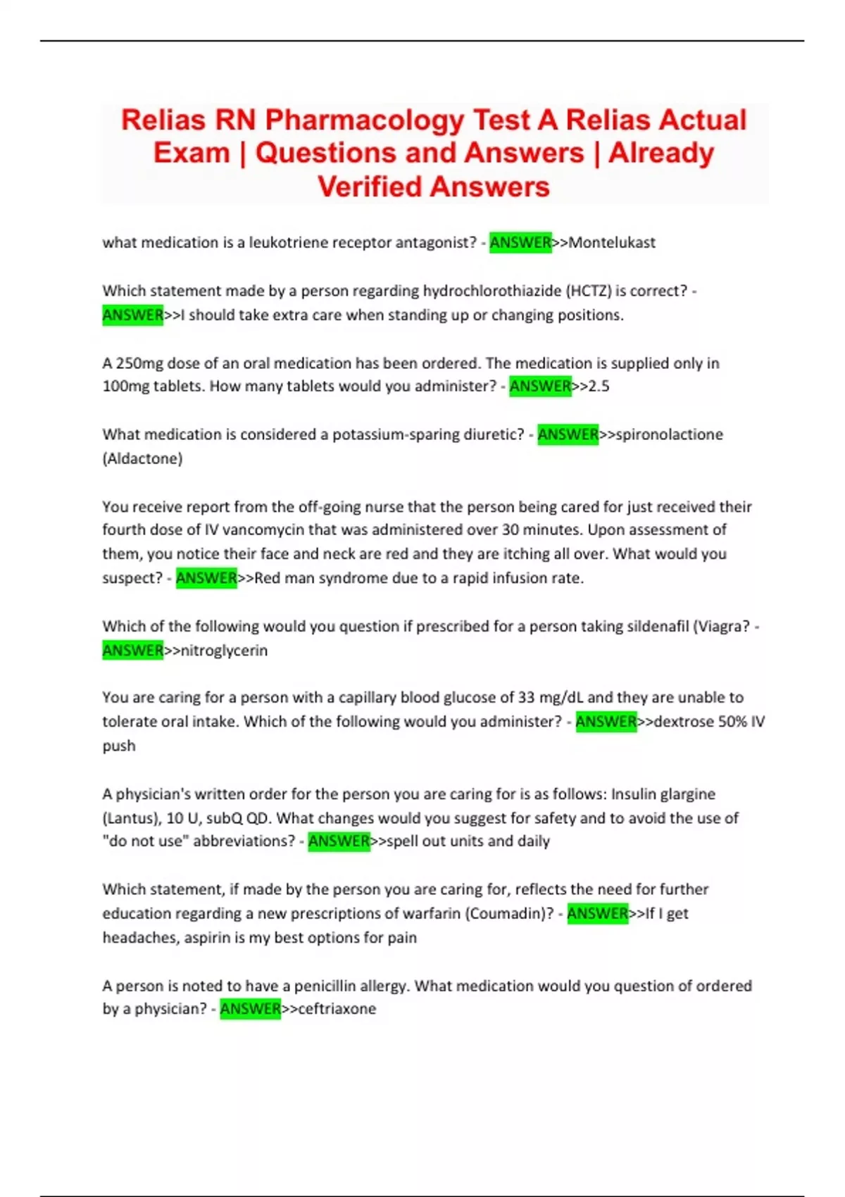 Relias RN Pharmacology Test A Relias Actual Exam - Pharmacology - Stuvia US