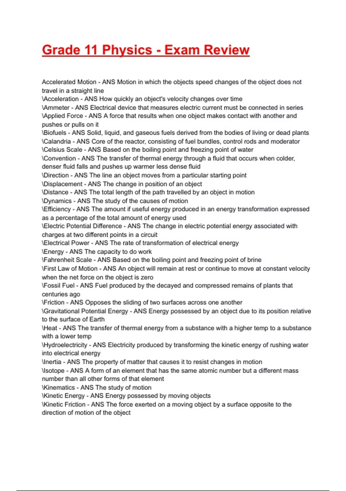 Grade 11 Physics - Exam Review 2025/2026 Questions With Completed ...