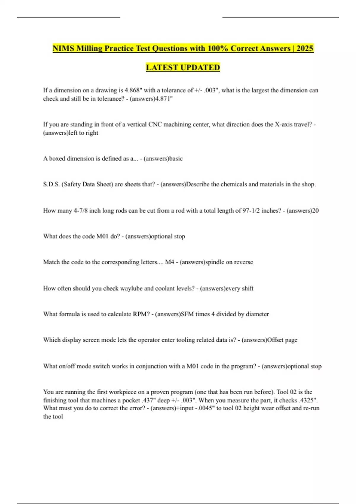 NIMS Milling Practice Test Questions with 100% Correct Answers | 2025 ...