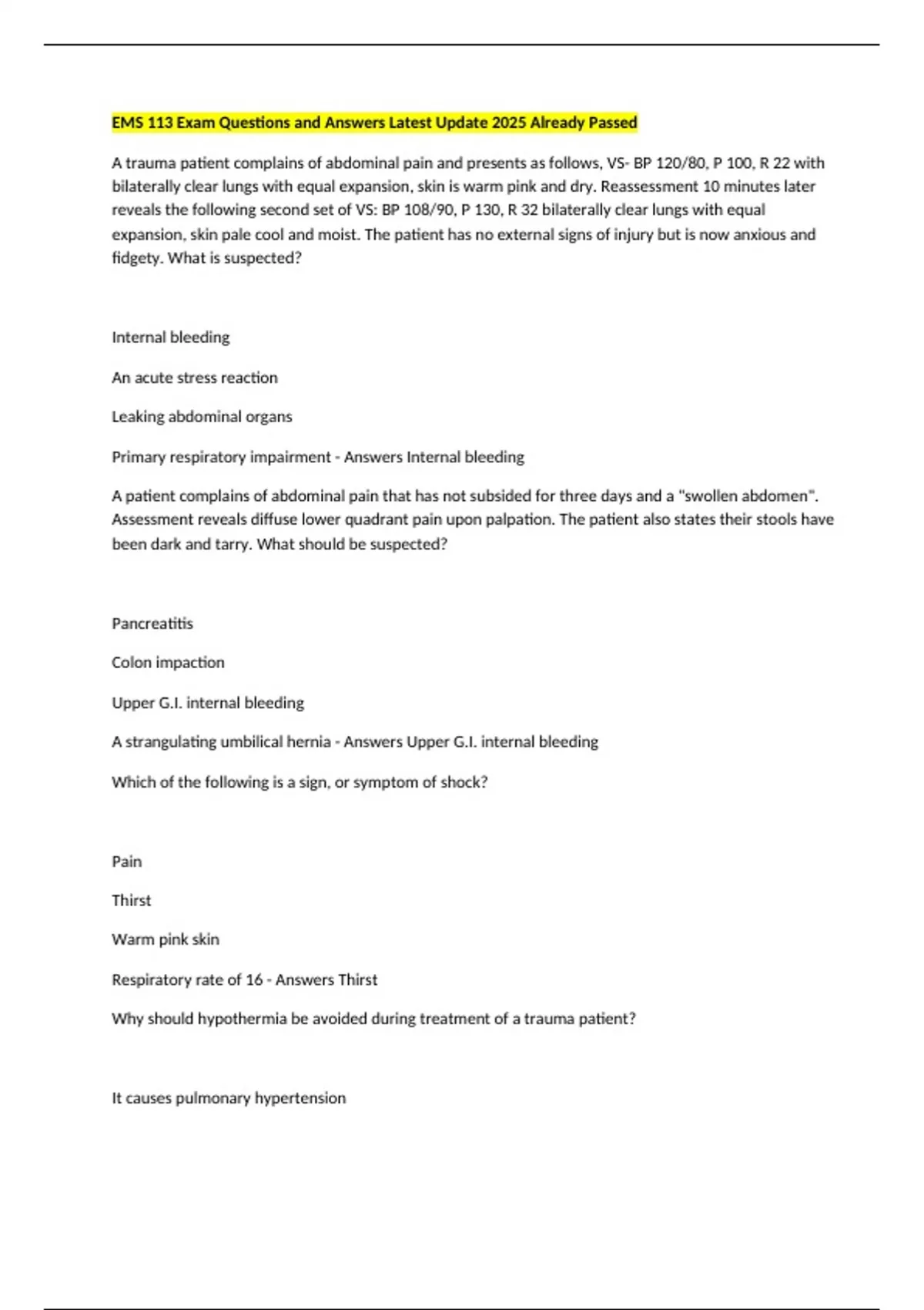 EMS 113 Exam Questions and Answers Latest Update 2025 Already Passed ...