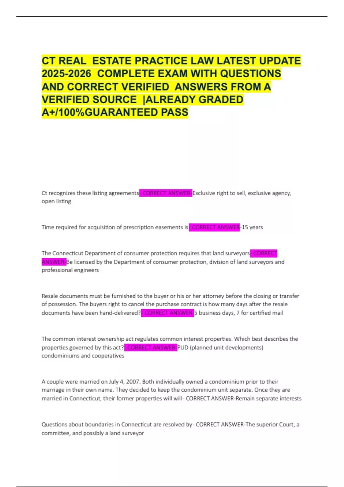 CT REAL ESTATE PRACTICE LAW LATEST UPDATE COMPLETE EXAM WITH QUESTIONS ...