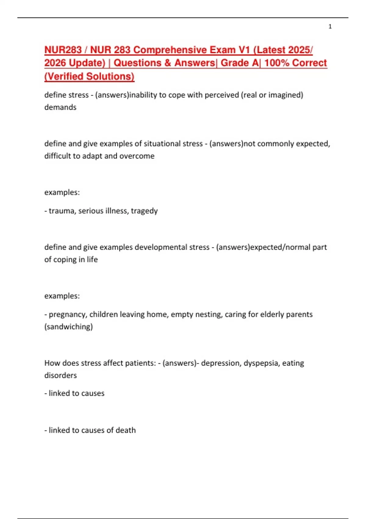 NUR283 / NUR 283 Comprehensive Exam V1 (Latest 2025/ 2026 Update ...