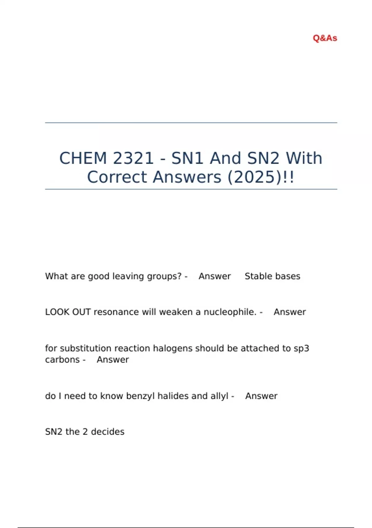 CHEM 2321 - SN1 And SN2 With Correct Answers (2025)!! - CHEM 2321 ...