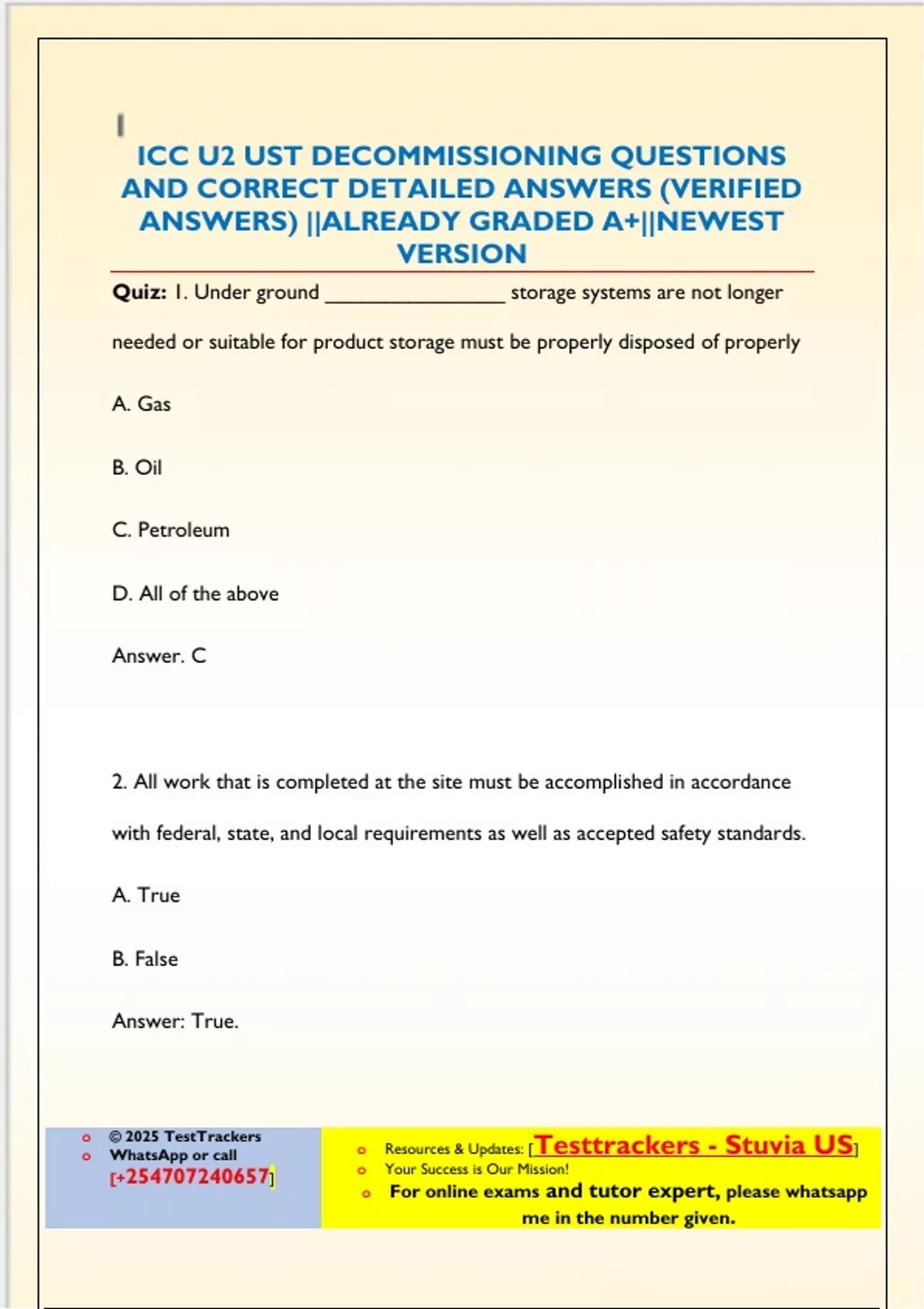 ICC U2 UST DECOMMISSIONING QUESTIONS AND CORRECT DETAILED ANSWERS (VERIFIED ANSWERS) ||ALREADY ...