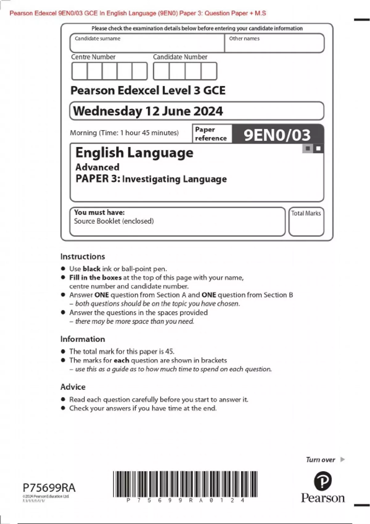 Pearson Edexcel 9EN0/03 GCE In English Language (9EN0) Paper 3 ...