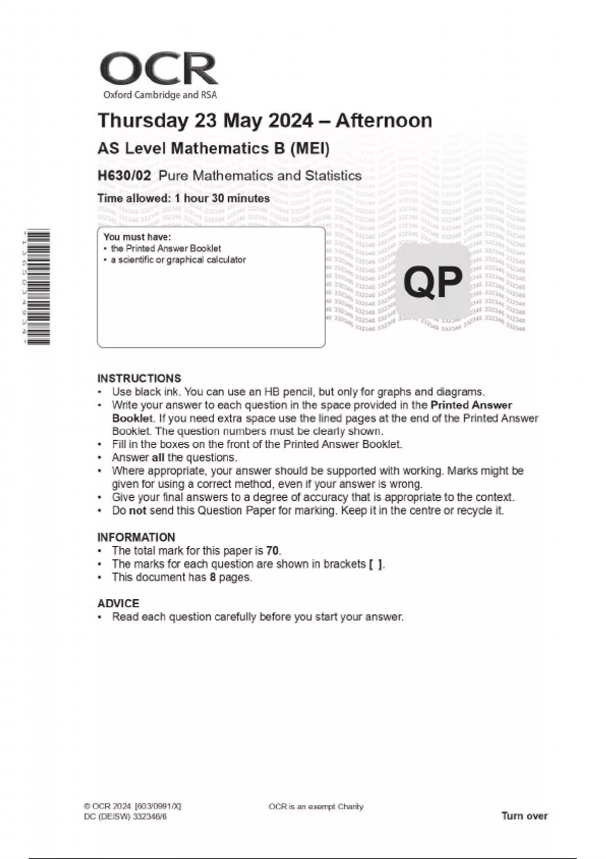 AS-LEVEL OCR 2025 MATHEMATICS B (MEI) PAPER 2 - Mathematics - Stuvia US