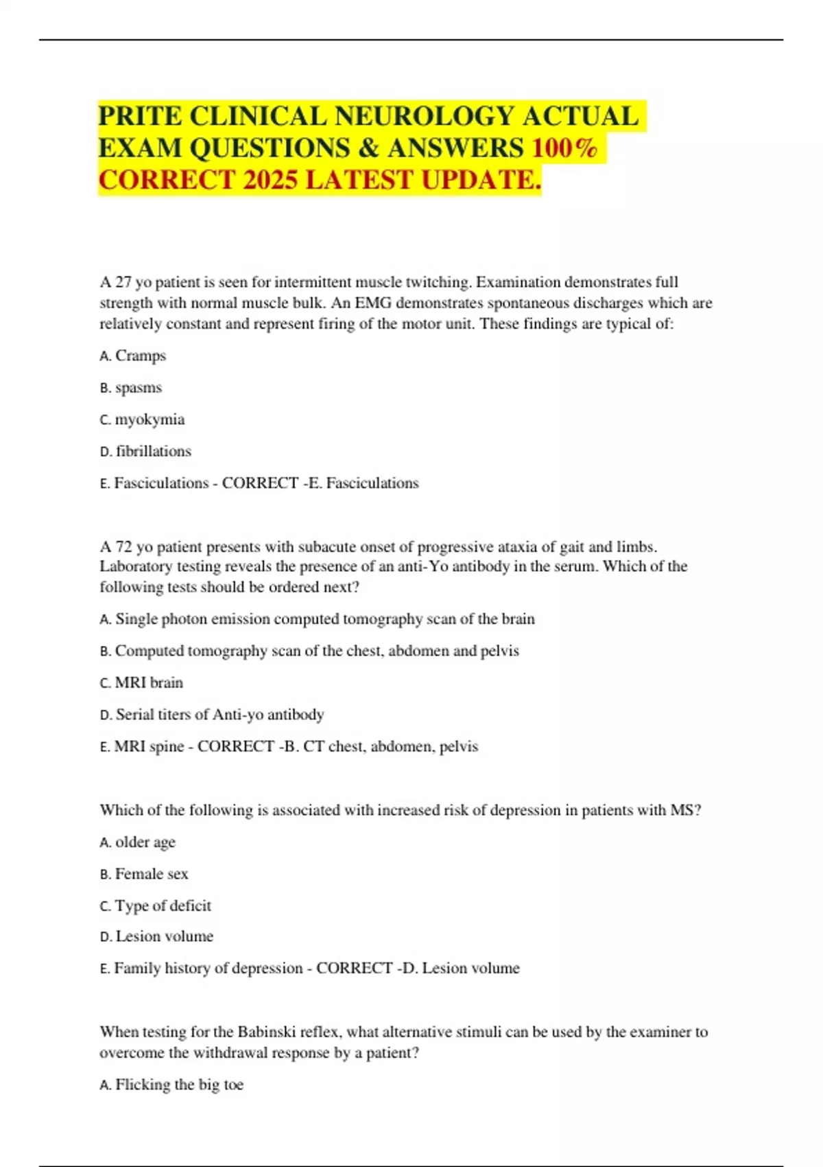 PRITE CLINICAL NEUROLOGY ACTUAL EXAM QUESTIONS & ANSWERS 100% CORRECT ...