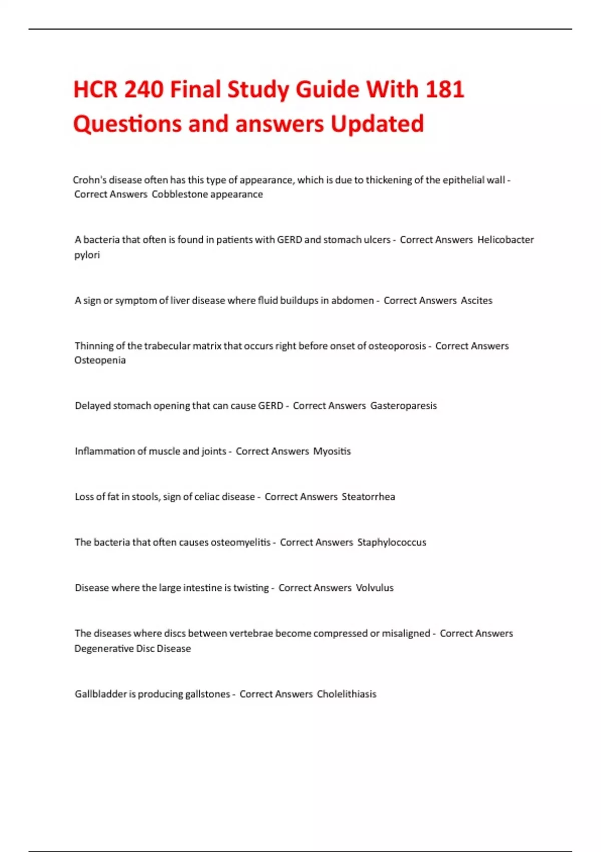 HCR 240 Final Study Guide With 181 Questions and answers Updated - HCR ...