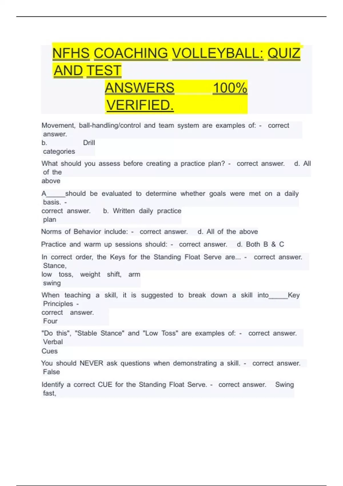 NFHS Coaching Volleyball: quiz and test answers 100% verified. NFHS ...