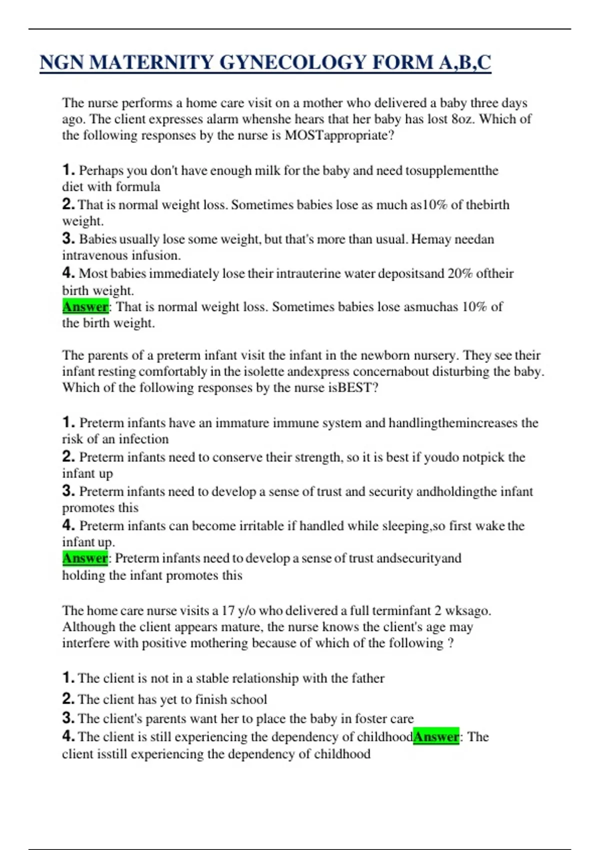 NGN MATERNITY GYNECOLOGY FORM A,B,C ( UPDATED 2025 ) | QUESTIONS WITH ...