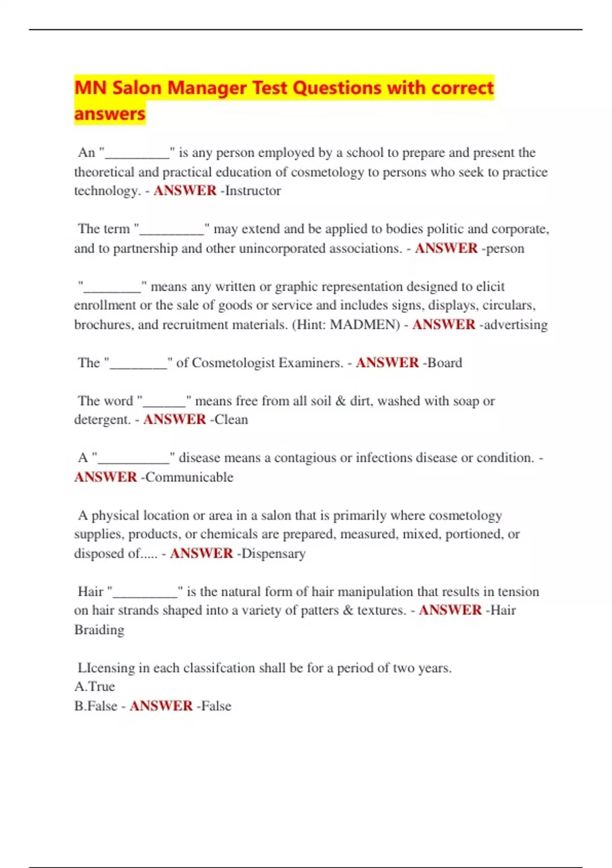 MN Salon Manager Test Questions with correct answers - MN Salon Manager ...