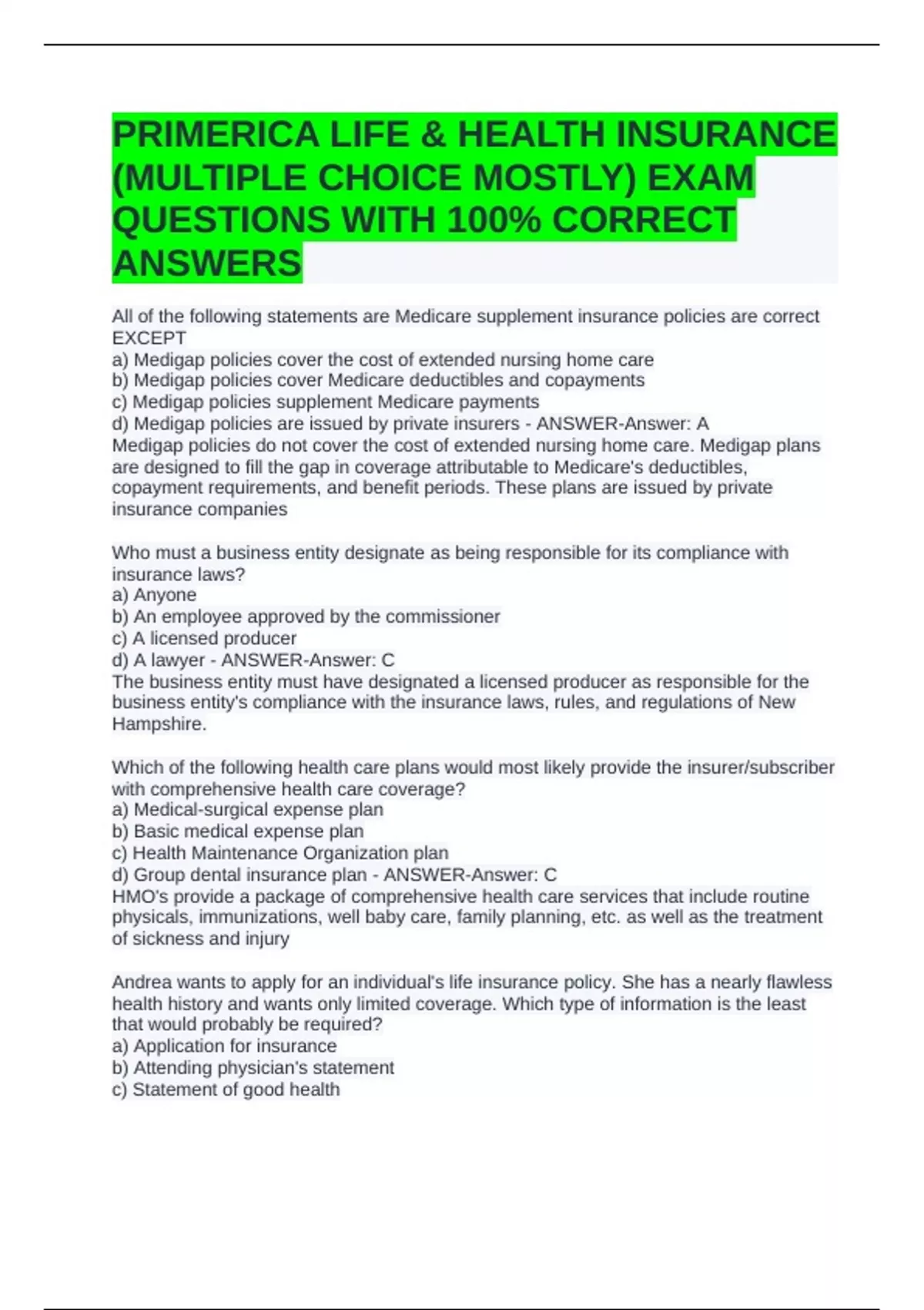 PRIMERICA LIFE & HEALTH INSURANCE (MULTIPLE CHOICE MOSTLY) EXAM ...