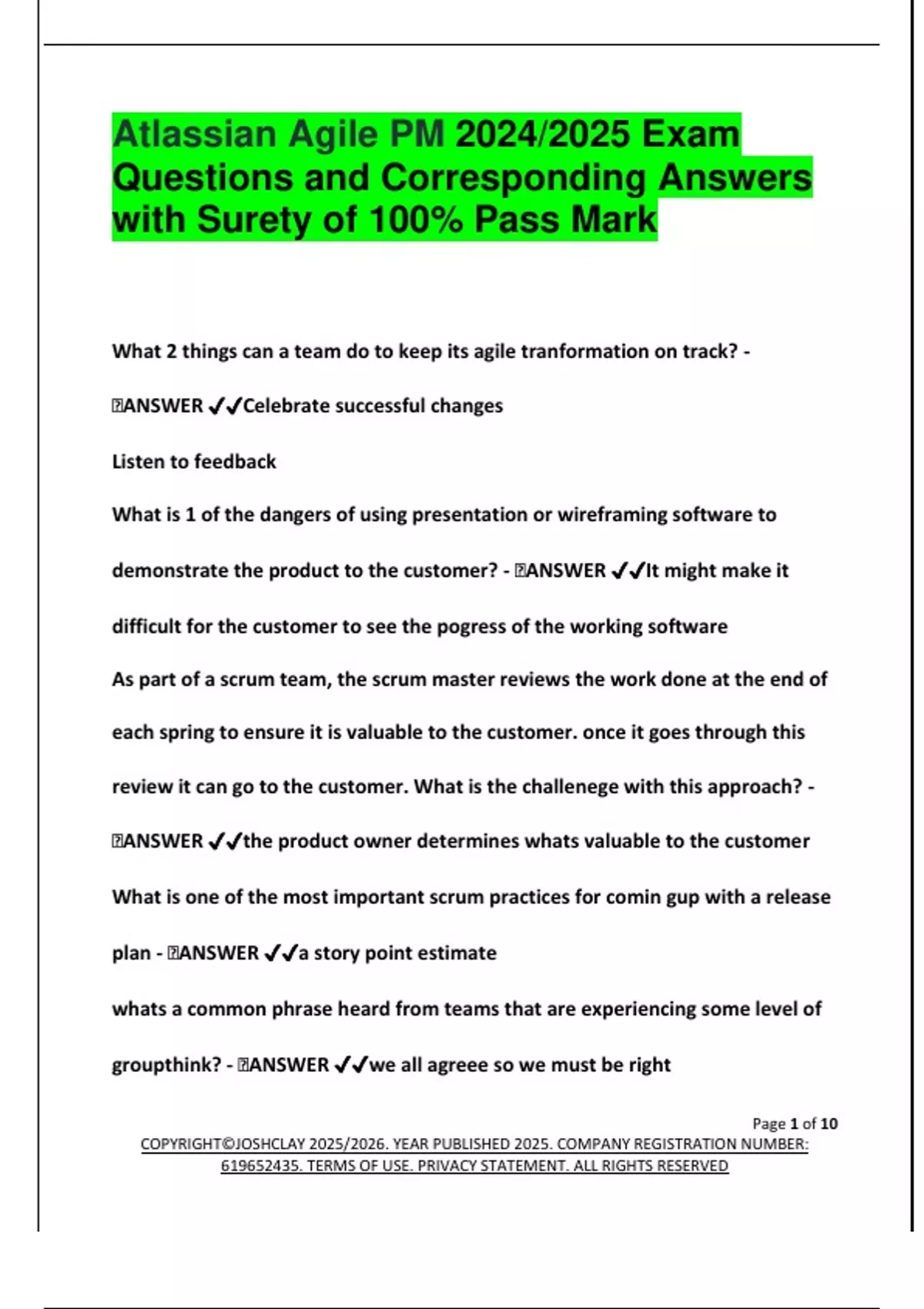 Atlassian Agile PM 2024/2025 Exam Questions and Corresponding Answers ...