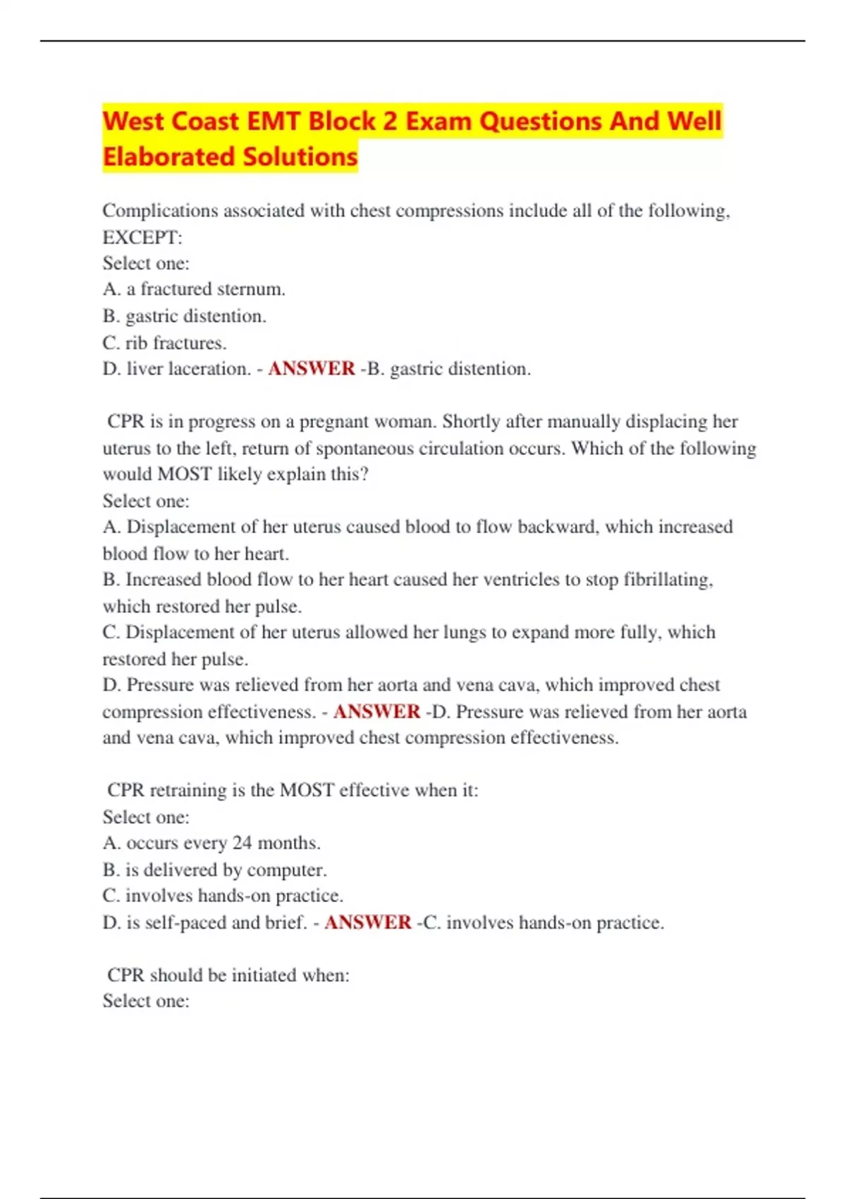 West Coast EMT Block 2 Exam Questions And Well Elaborated Solutions ...