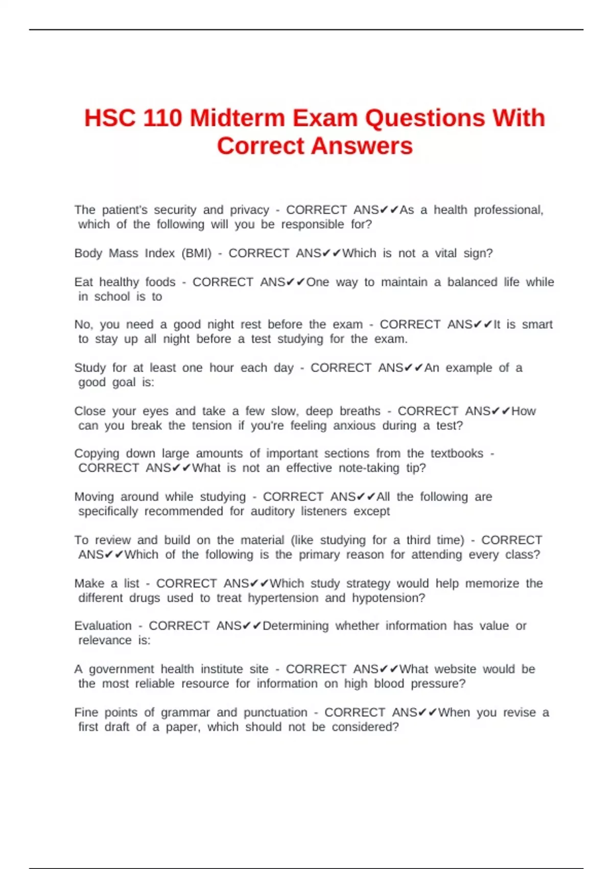 HSC 110 Midterm Exam Questions With Correct Answers - HSC 110 - Stuvia US