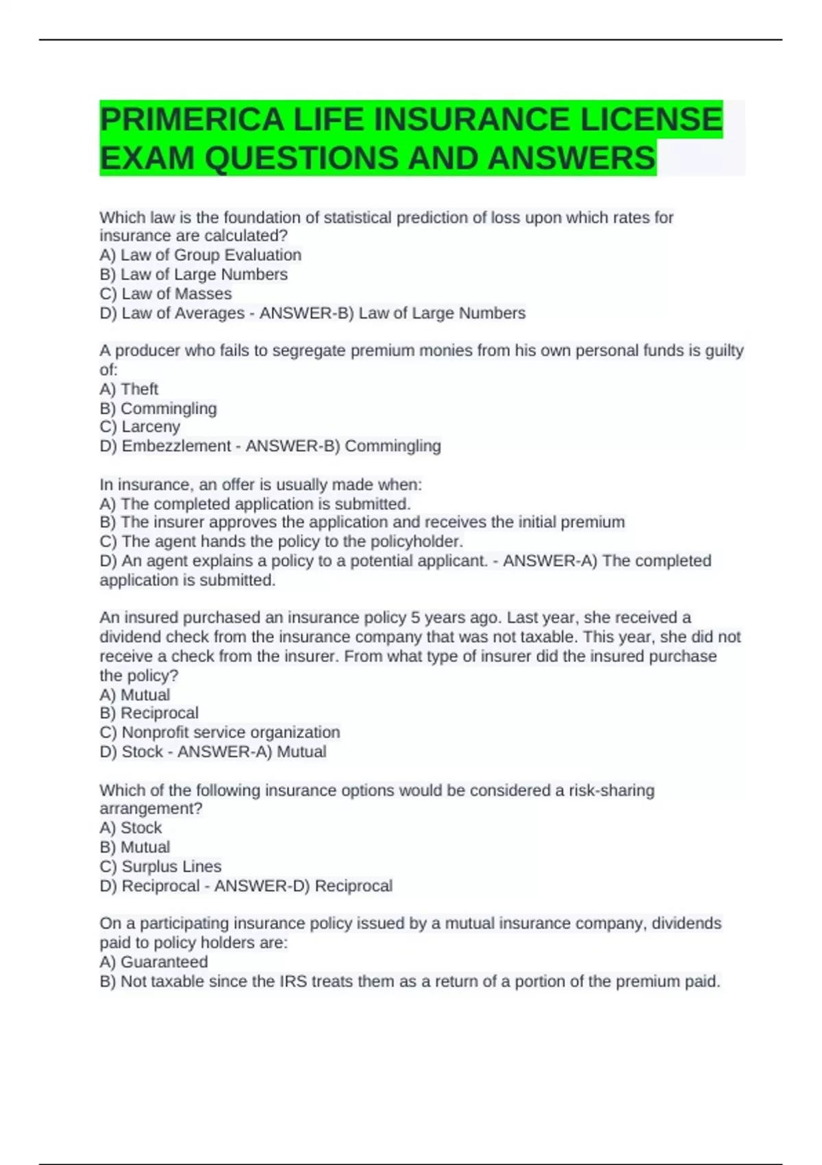 PRIMERICA LIFE INSURANCE LICENSE EXAM QUESTIONS AND ANSWERS - Primerica ...