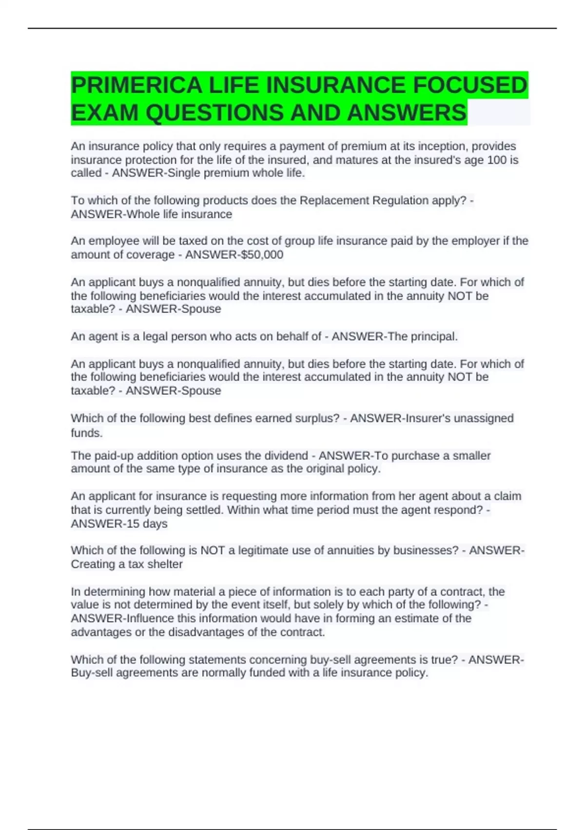 PRIMERICA LIFE INSURANCE FOCUSED EXAM QUESTIONS AND ANSWERS - Primerica ...