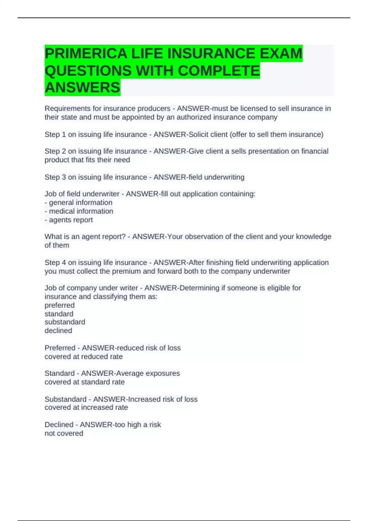 PRIMERICA LIFE INSURANCE EXAM QUESTIONS WITH COMPLETE ANSWERS ...