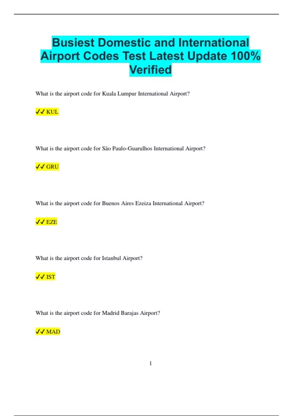 Busiest Domestic and International Airport Codes Test Latest Update 100 ...