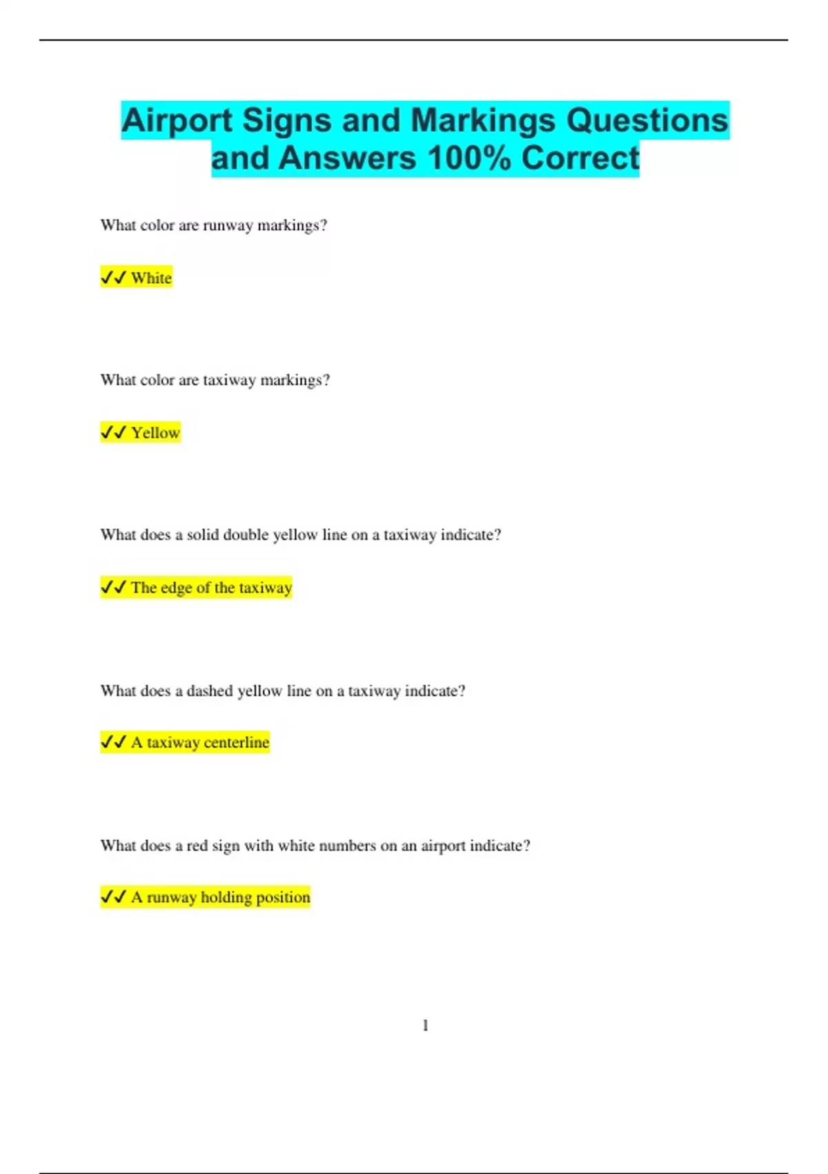 Airport Signs and Markings Questions and Answers 100% Correct - Airport ...