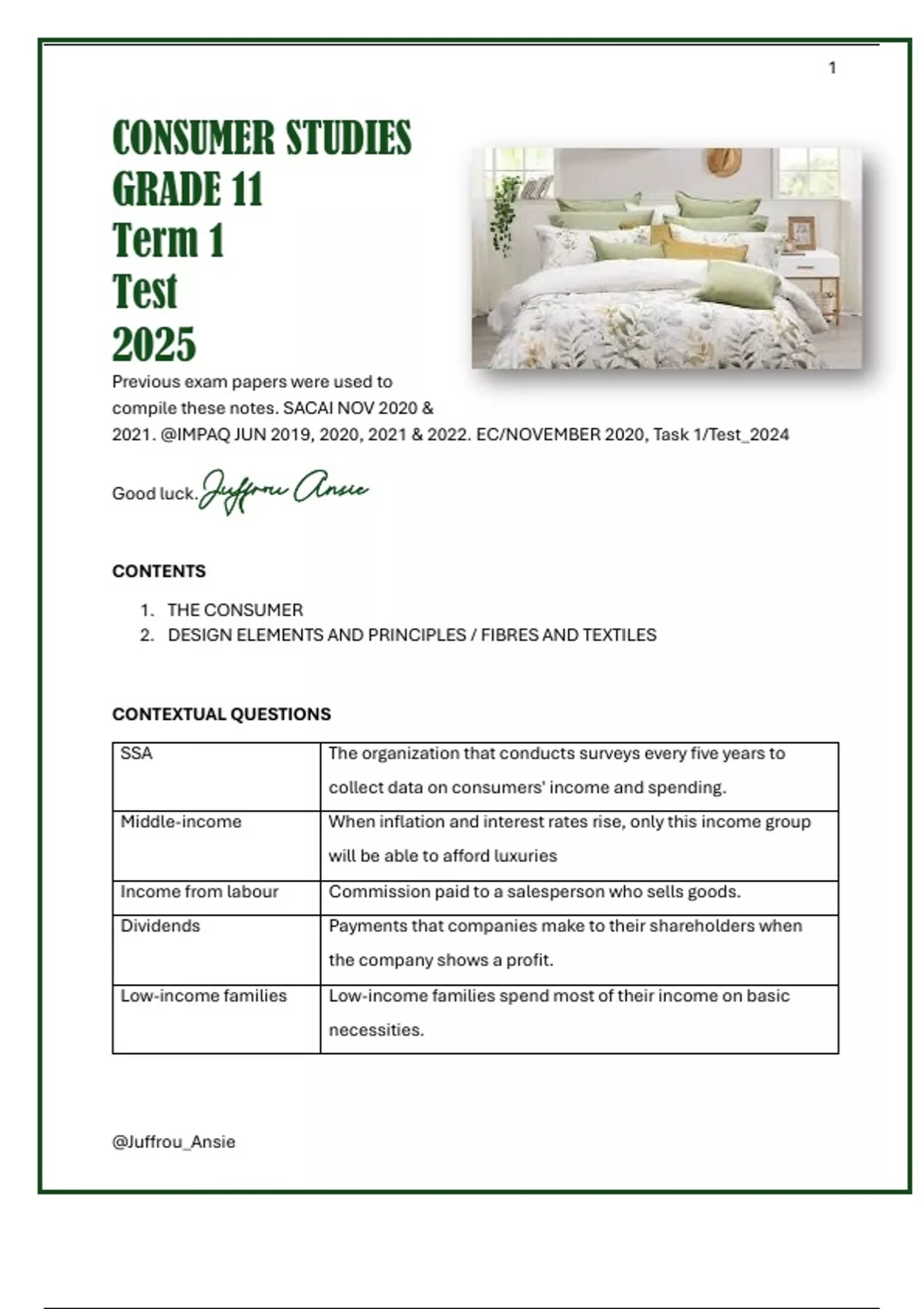 Summary CONSUMER STUDIES GRADE 11 T1 2025 as summarised by @ Juffrou ...