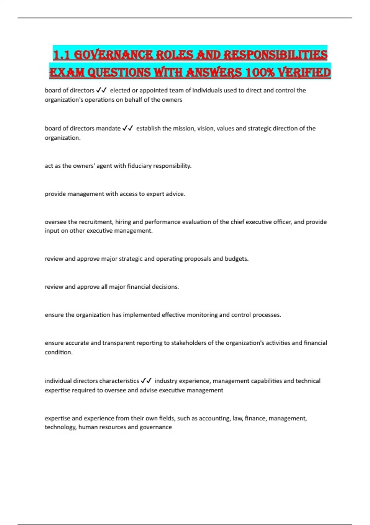 1.1 Governance Roles and Responsibilities Exam Questions with Answers ...