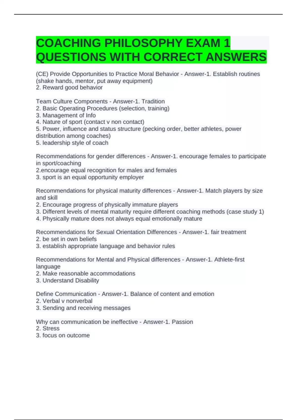 COACHING PHILOSOPHY EXAM 1 QUESTIONS WITH CORRECT ANSWERS - Principles ...