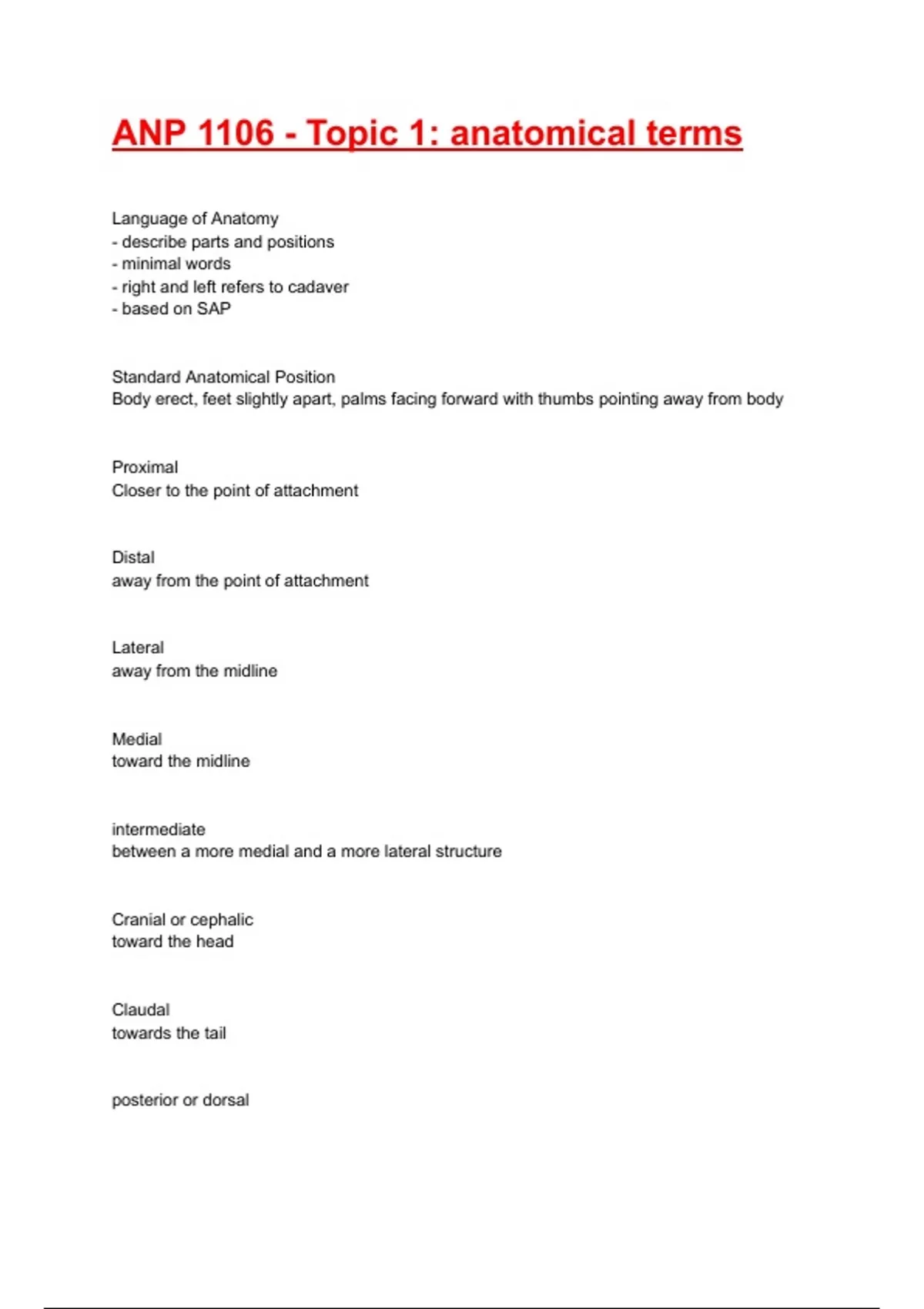 ANP 1106 - Topic 1: anatomical terms Exam 2025/2026 Questions With ...