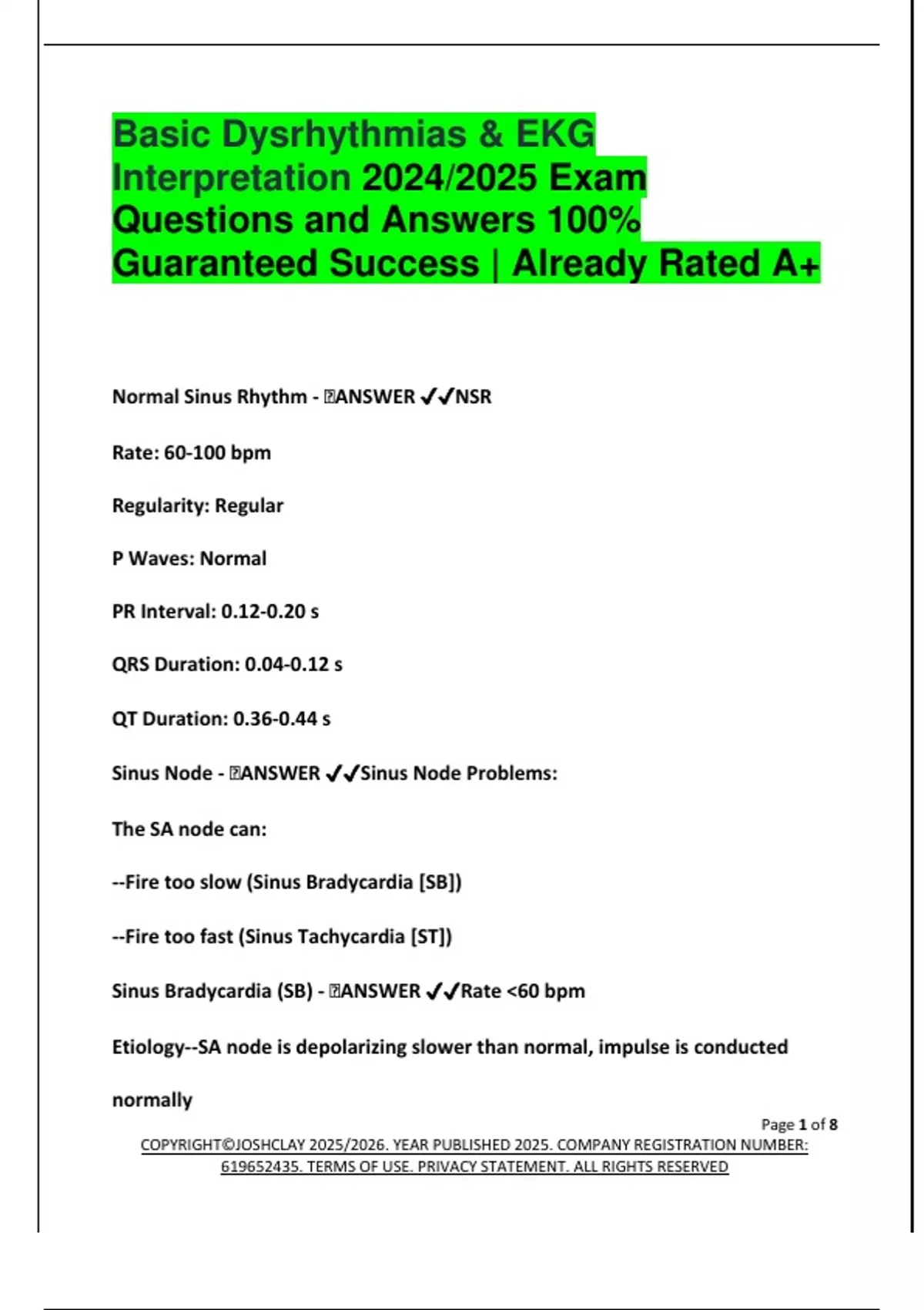 Basic Dysrhythmias & EKG Interpretation 2024/2025 Exam Questions and ...