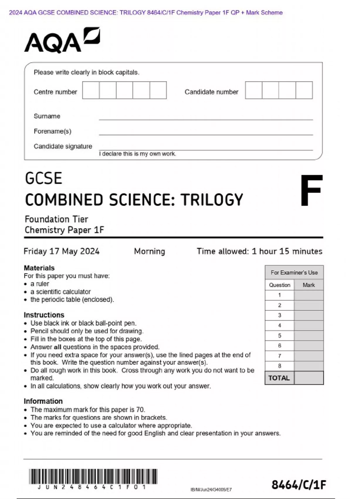 2024 Aqa Gcse Combined Science Trilogy 8464 C 1f Chemistry Paper 1f Qp