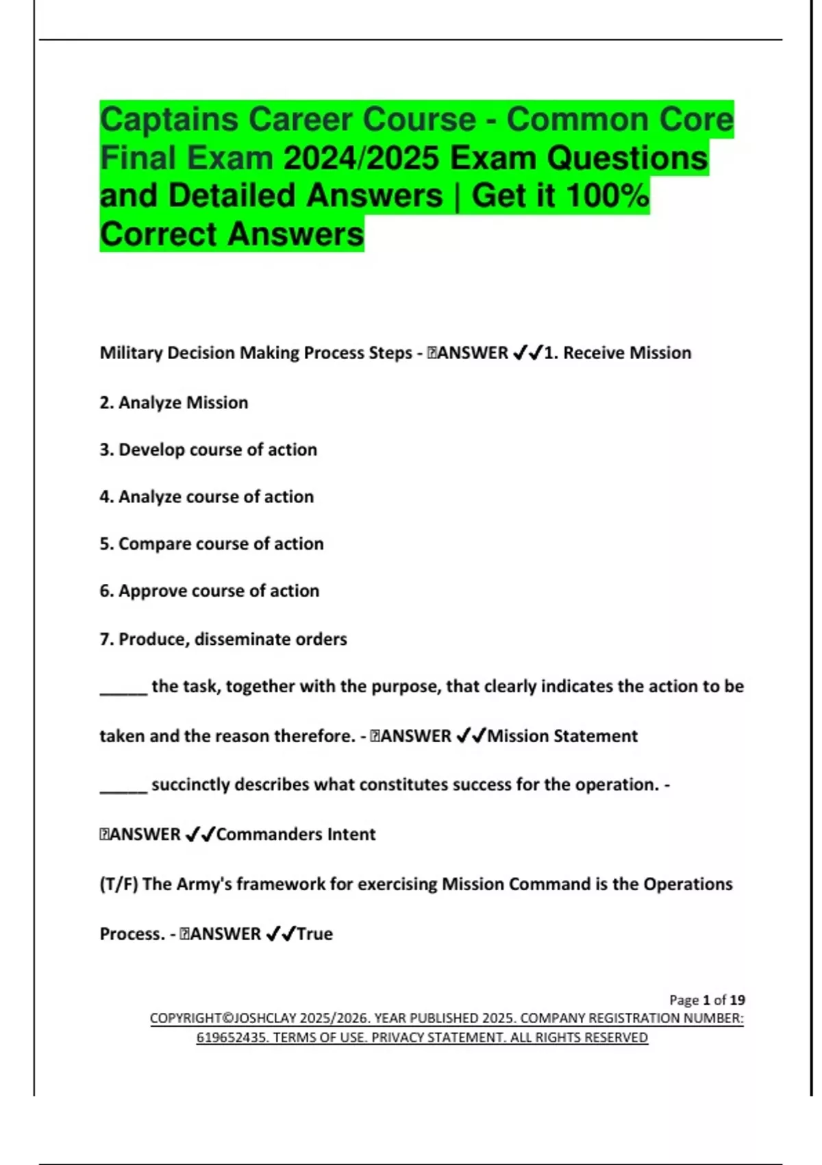 Captains Career Course Common Core Final Exam 2024 2025 Exam Questions And Detailed Answers