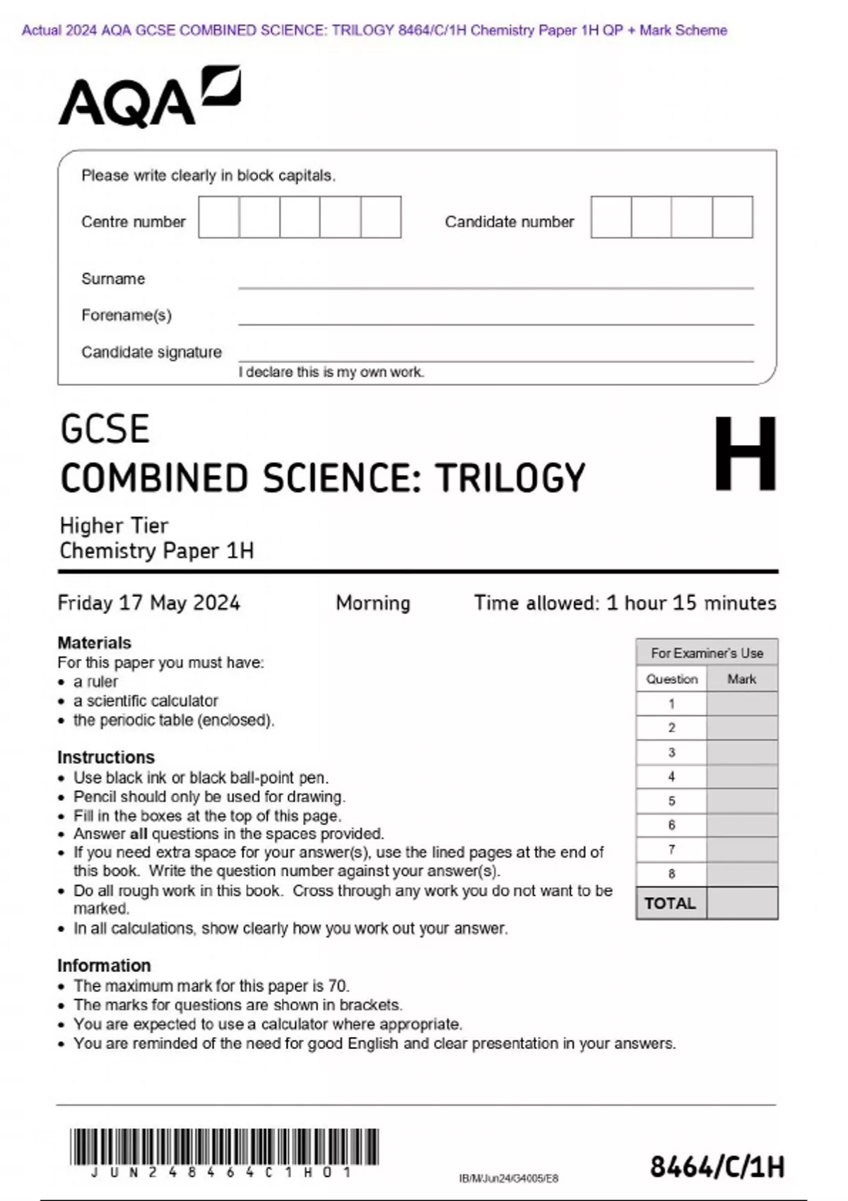 Actual 2024 Aqa Gcse Combined Science Trilogy 8464 C 1h Chemistry