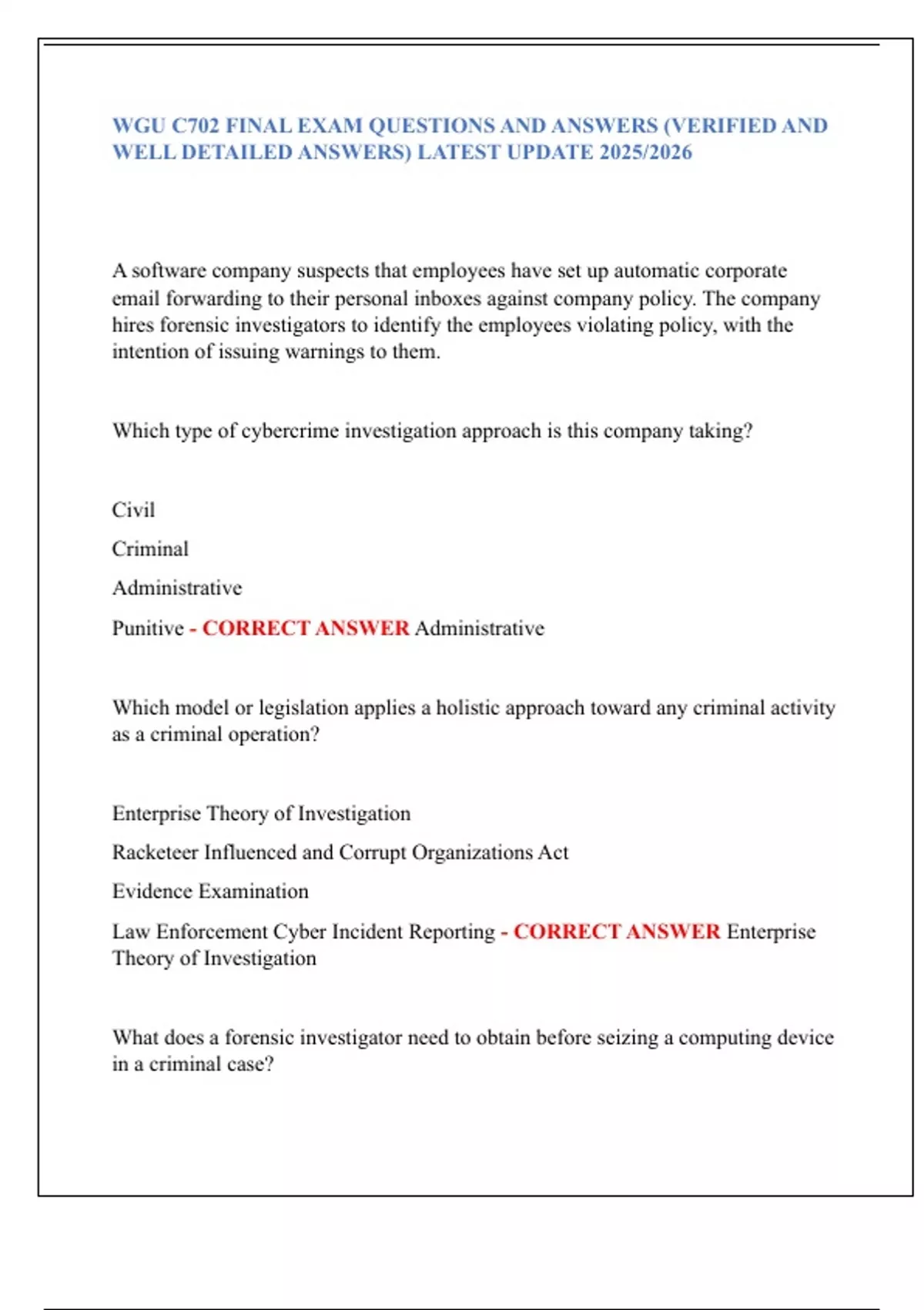 WGU C702 FINAL EXAM QUESTIONS AND ANSWERS (VERIFIED AND WELL DETAILED ...