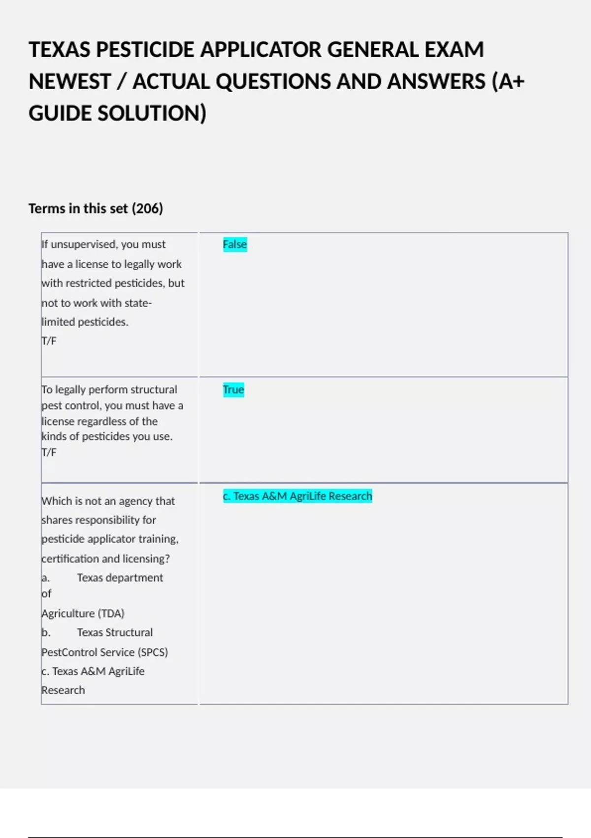 TEXAS PESTICIDE APPLICATOR GENERAL EXAM NEWEST / ACTUAL QUESTIONS AND ...