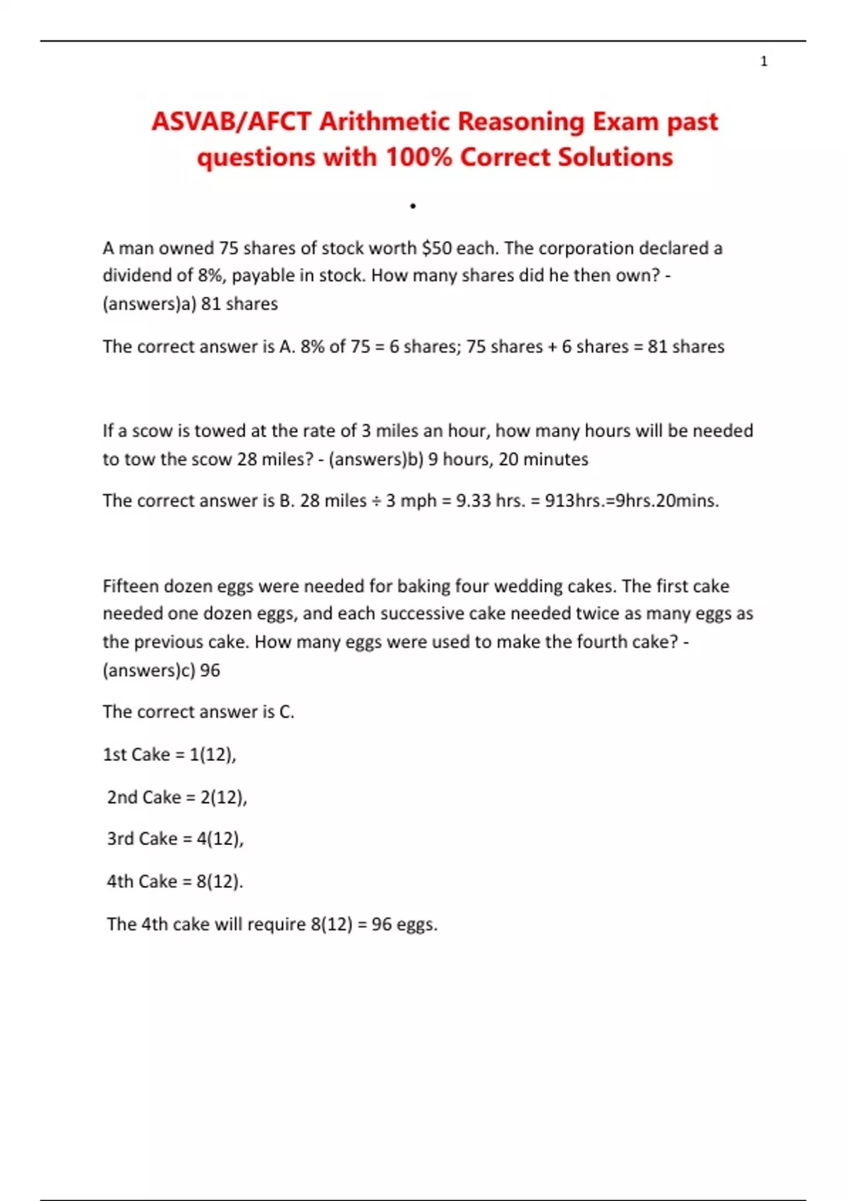 ASVAB/AFCT Arithmetic Reasoning Exam past questions with 100% Correct ...