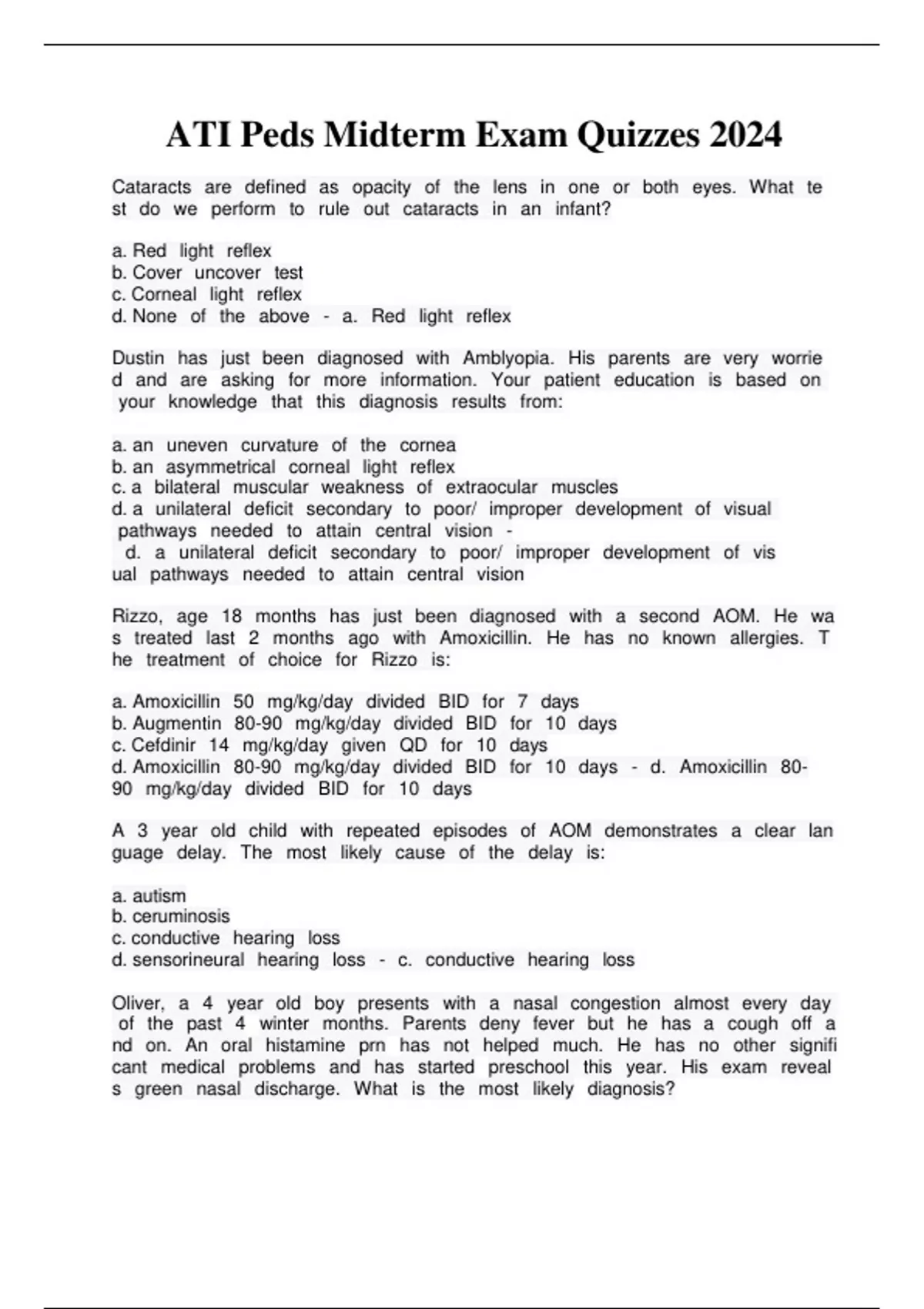 ATI Peds Midterm Exam Quizzes 2024 - ATI PEDS - Stuvia US