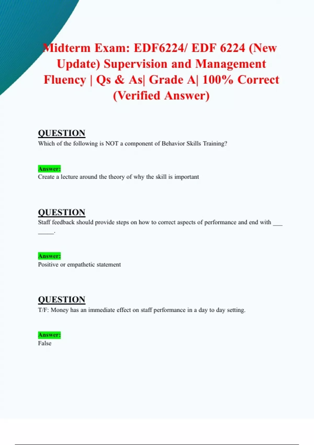 Midterm Exam: EDF6224 / EDF 6224 (New 2025/ 2026 Update) Supervision and Management Fluency | Qs ...