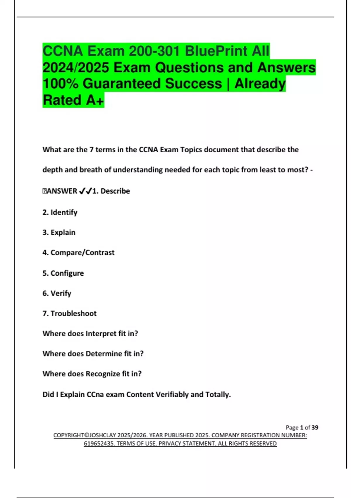 CCNA Exam 200-301 BluePrint All 2024/2025 Exam Questions and Answers 100% Guaranteed Success ...