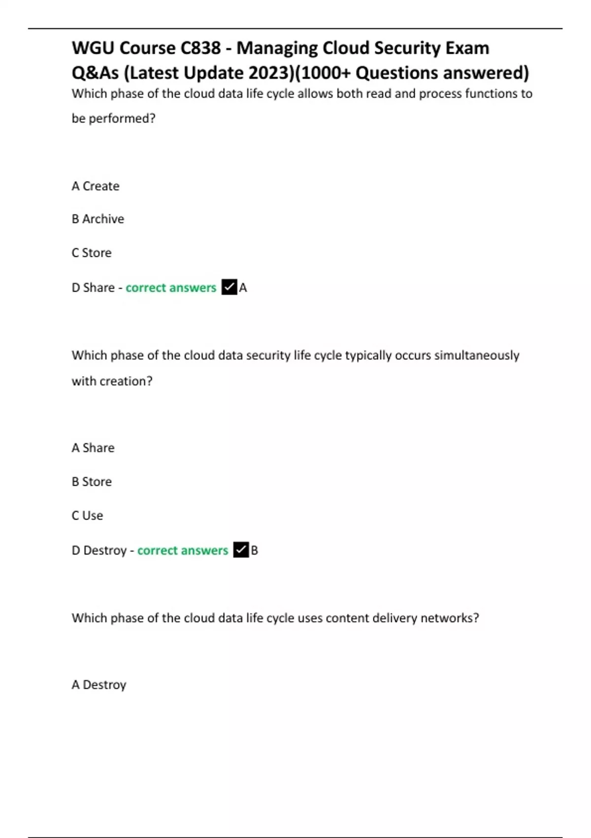 WGU Course C838 - Managing Cloud Security Exam Q&As (Latest Update 2023 ...