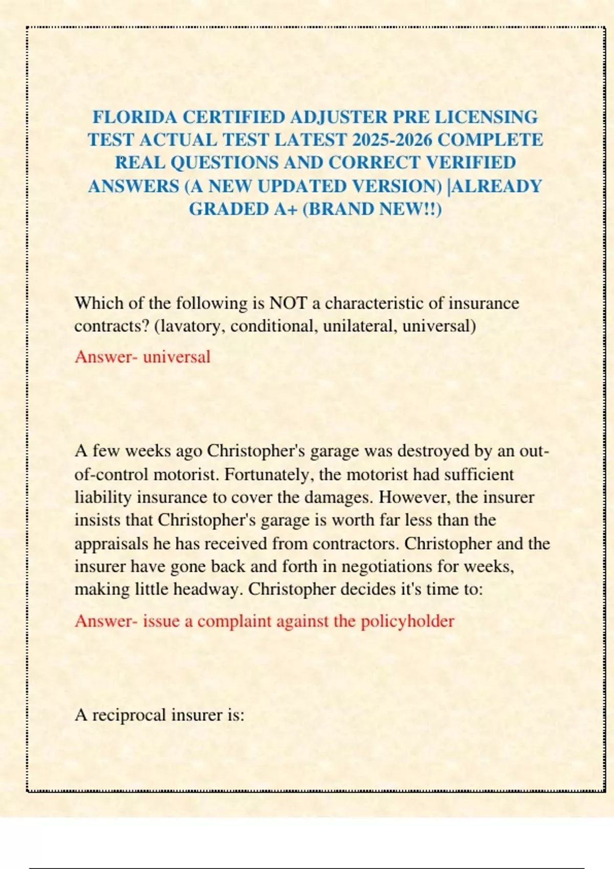 FLORIDA CERTIFIED ADJUSTER PRE LICENSING TEST ACTUAL TEST LATEST ...