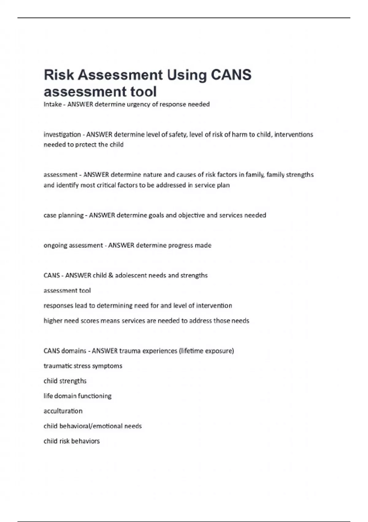 Risk Assessment Using CANS assessment tool questions with answers ...