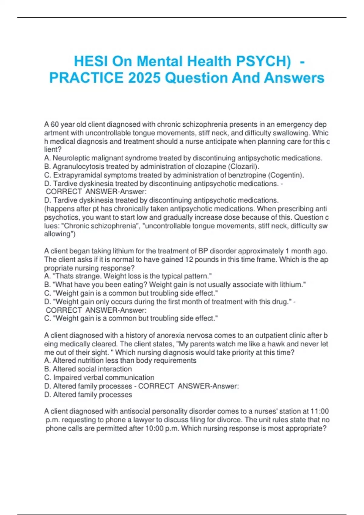 HESI On Mental Health PSYCH) - PRACTICE 2025 Question And Answers ...