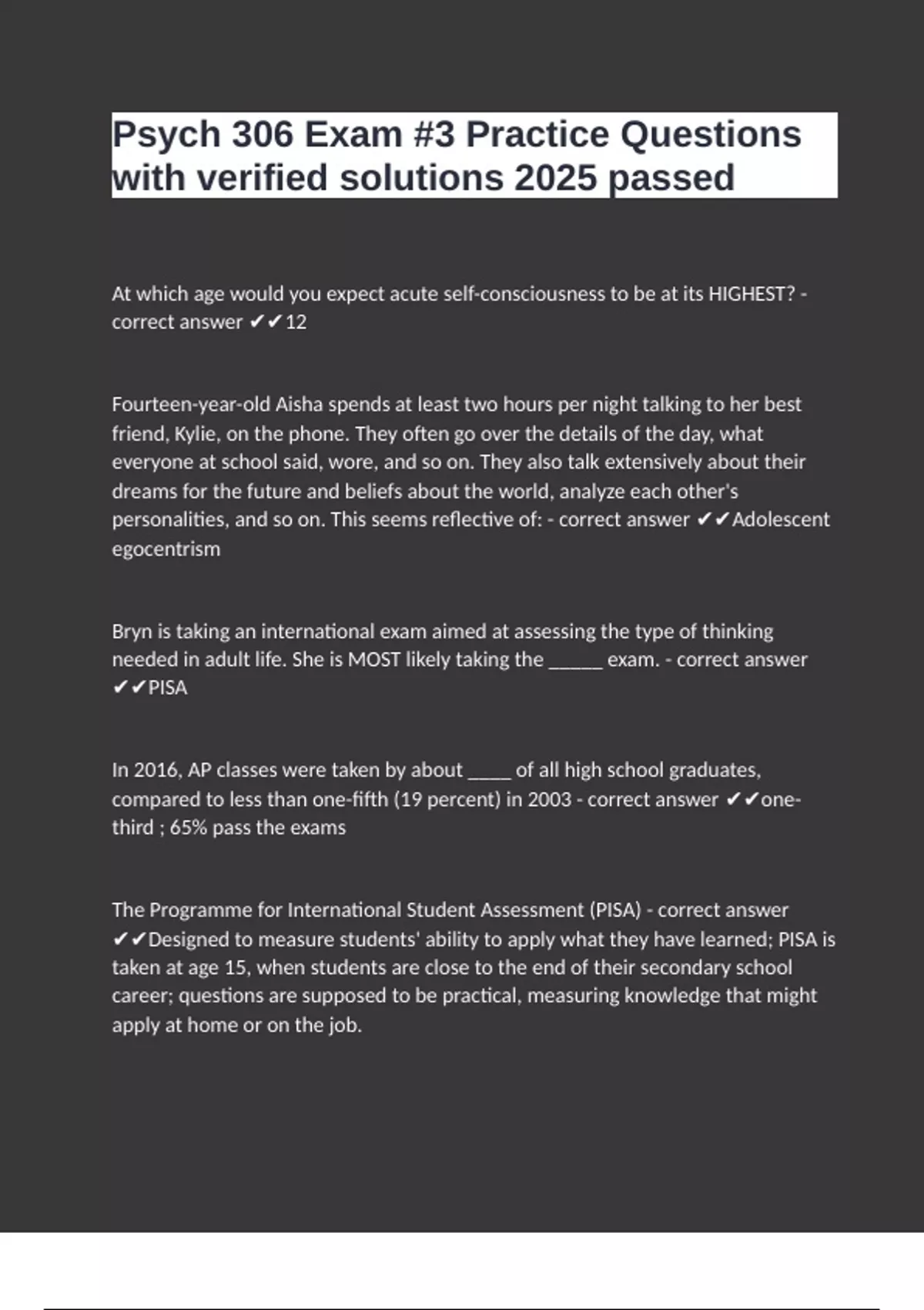 Psych 306 Exam #3 Practice Questions with verified solutions 2025 ...