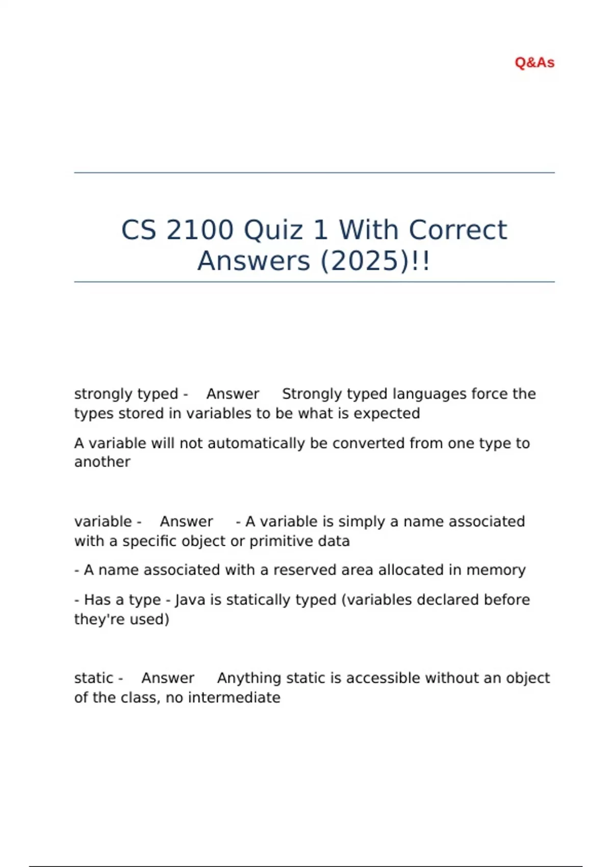 CS 2100 Quiz 1 With Correct Answers (2025)!! - CS 2100 - Stuvia US
