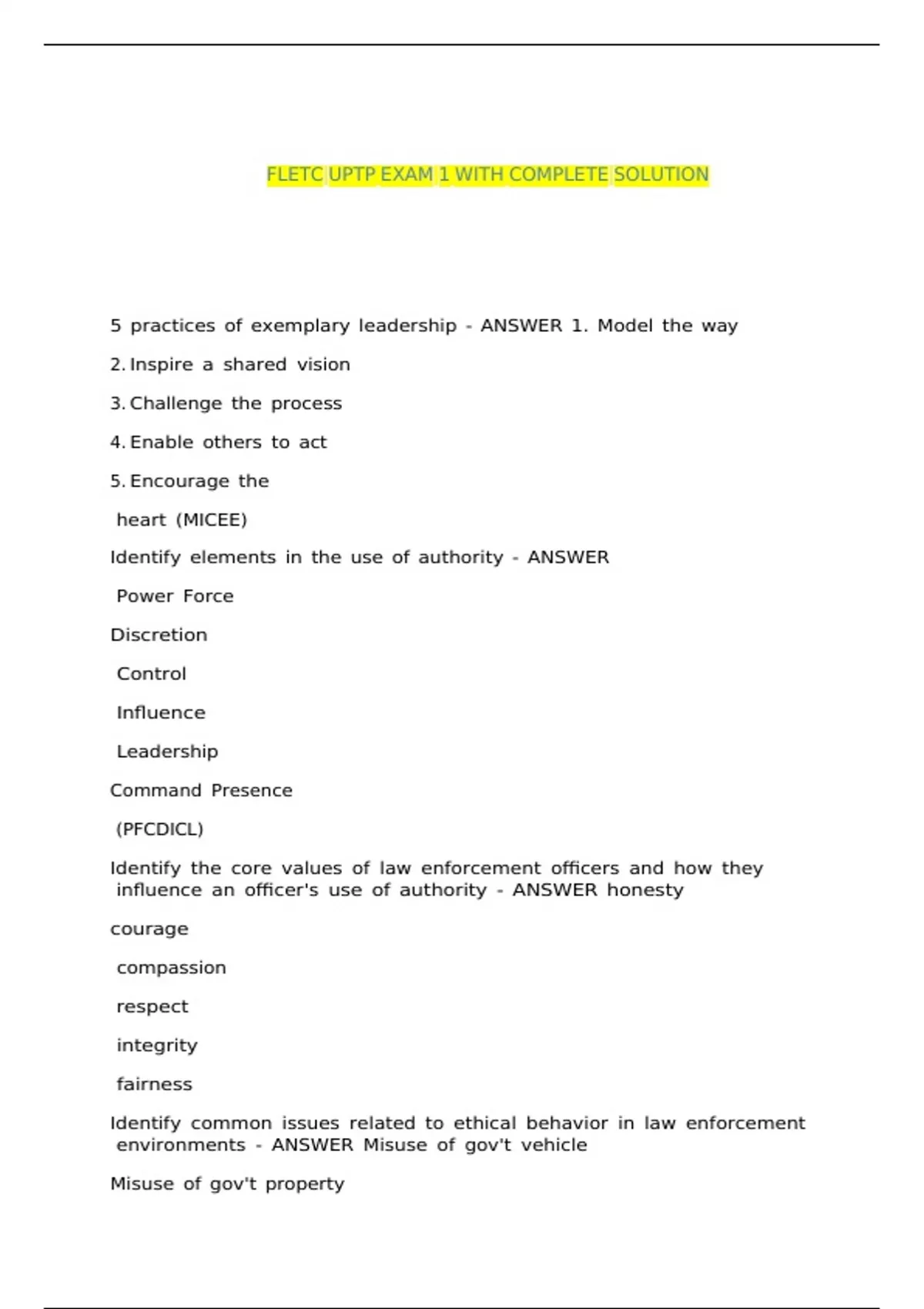 FLETC UPTP EXAM 1 WITH COMPLETE SOLUTION - FLETC BOP - Stuvia US