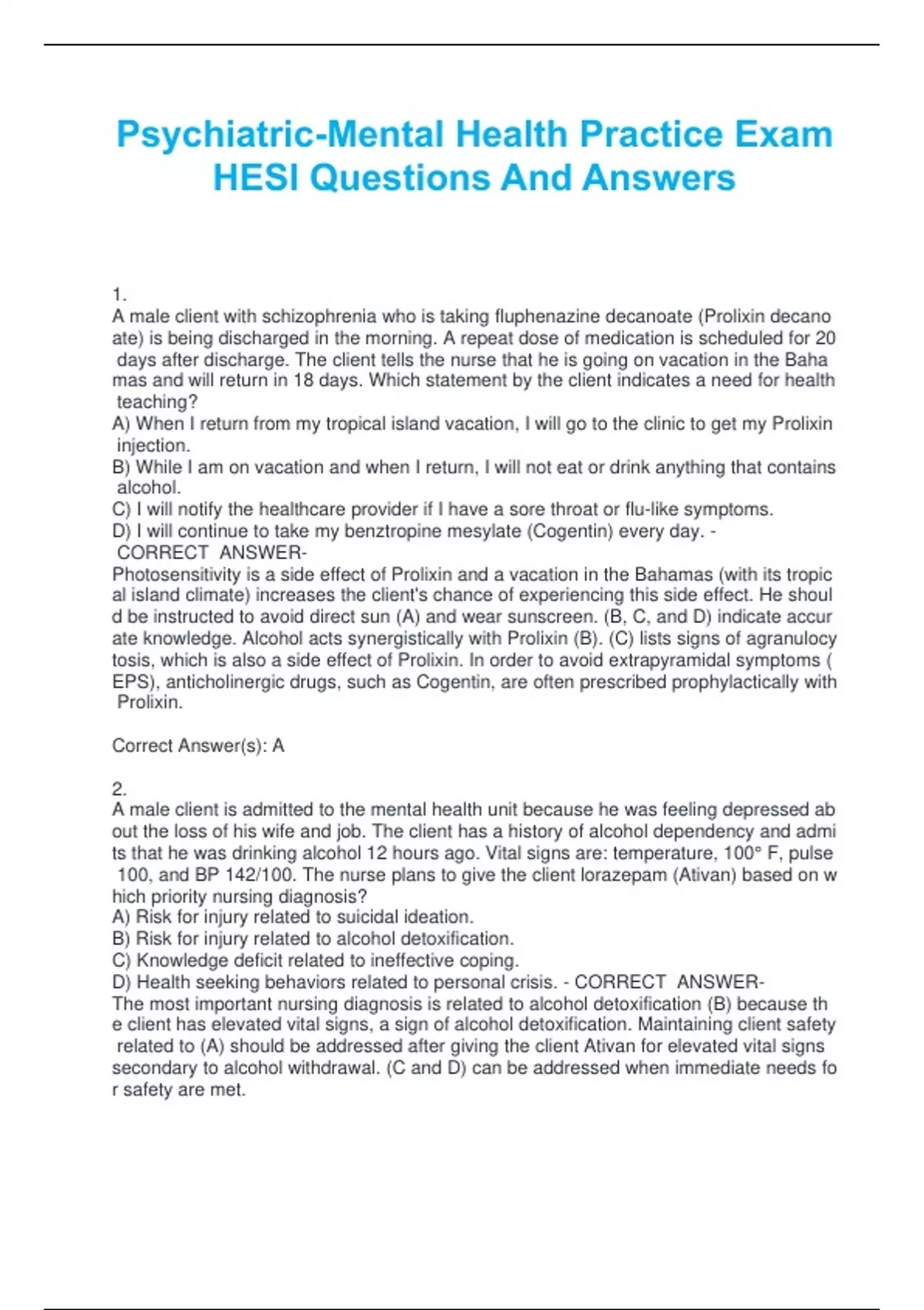 atric-Mental Health Practice Exam HESI Questions And Answers - Atric ...