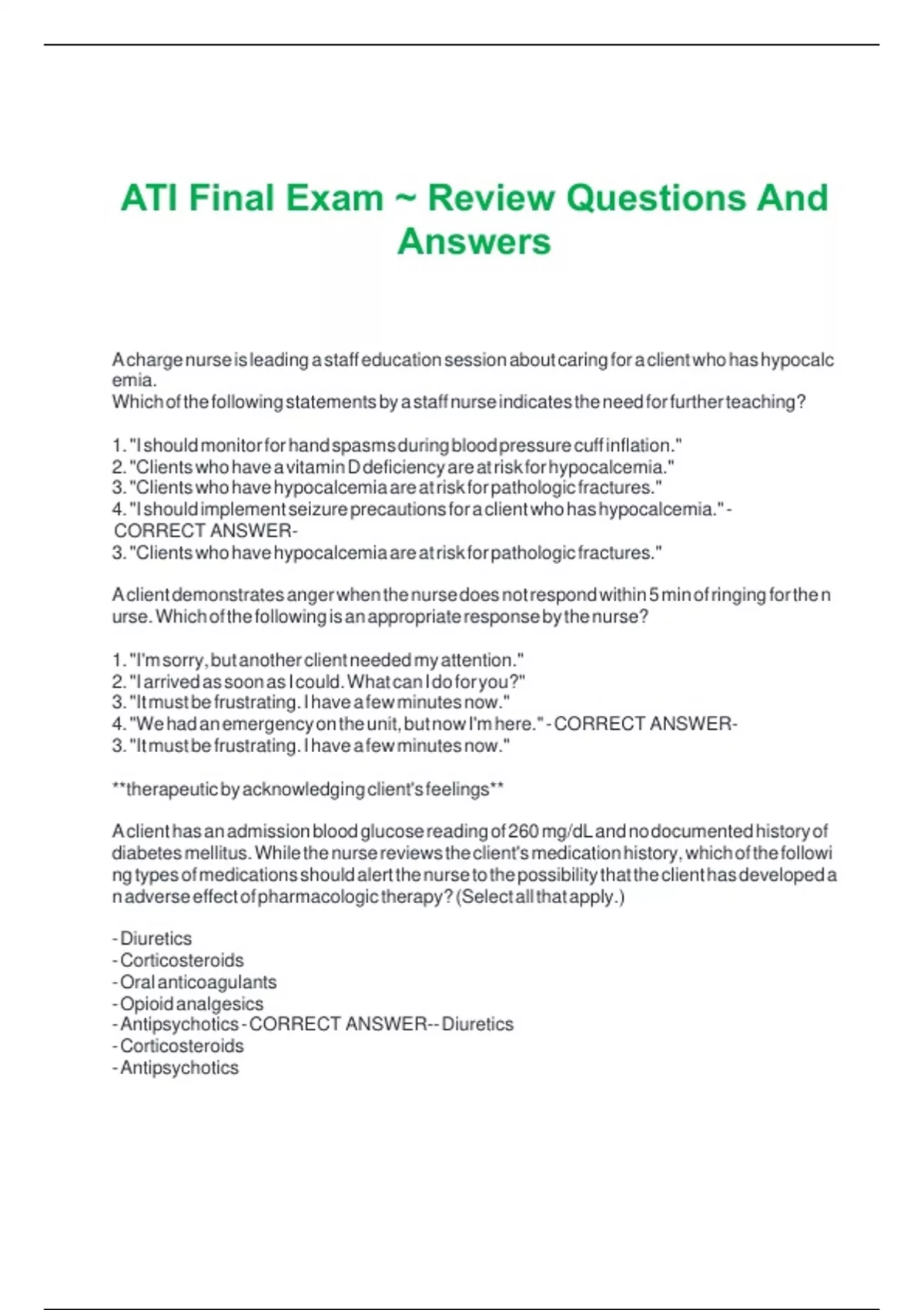 ATI Final Exam ~ Review Questions And Answers - Ati mental health ...